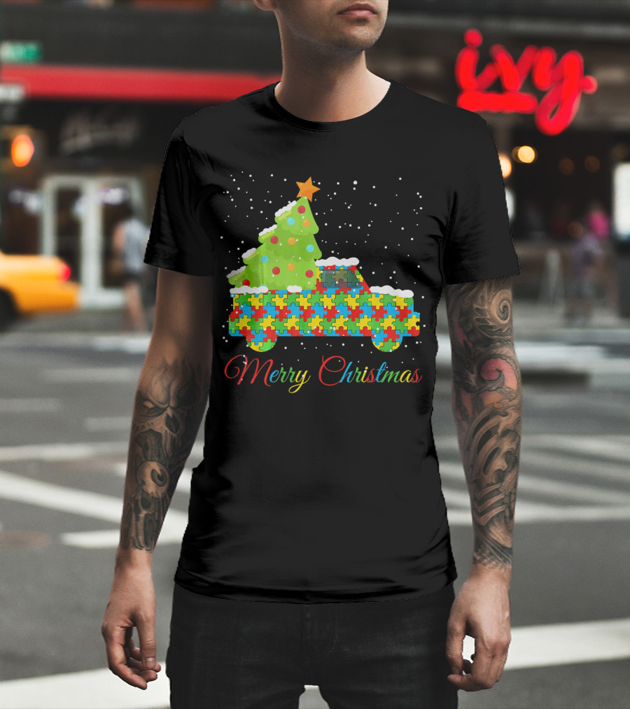 Merry Christmas Puzzle Truck Autism Awareness T-Shirt