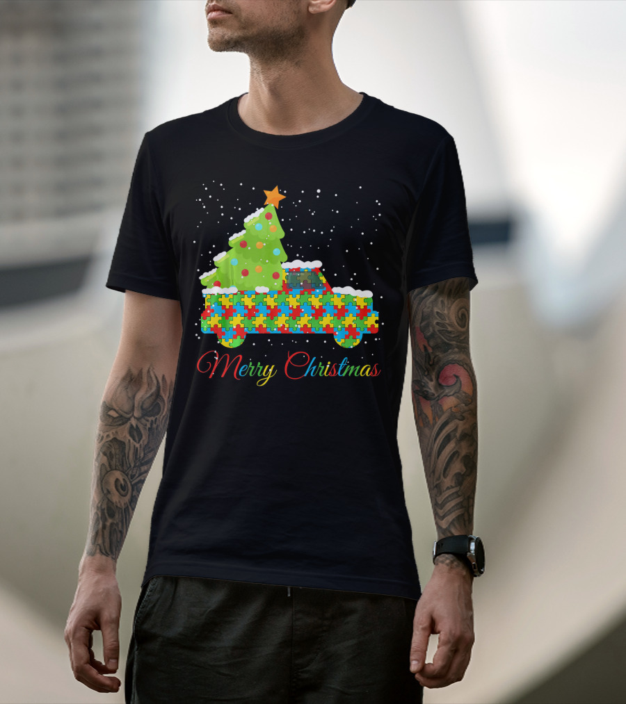 Merry Christmas Puzzle Truck Autism Awareness T-Shirt