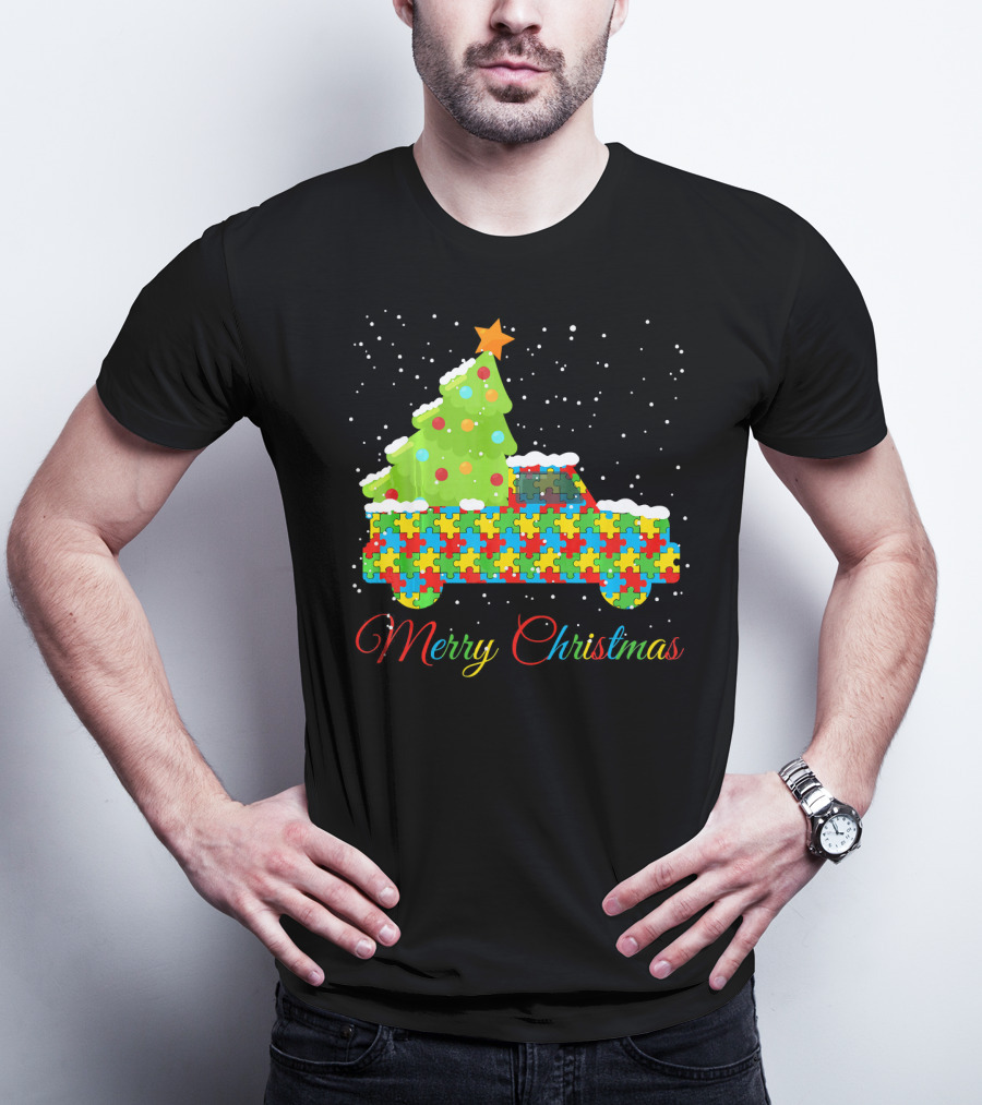 Merry Christmas Puzzle Truck Autism Awareness T-Shirt