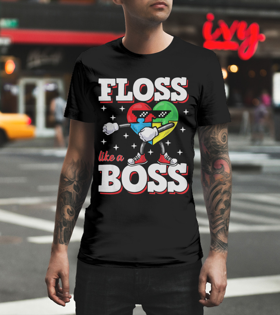 Floss Like A Boss Autism Awareness Heart With Cool Sunglasses T-Shirt