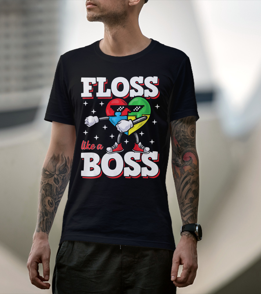 Floss Like A Boss Autism Awareness Heart With Cool Sunglasses T-Shirt