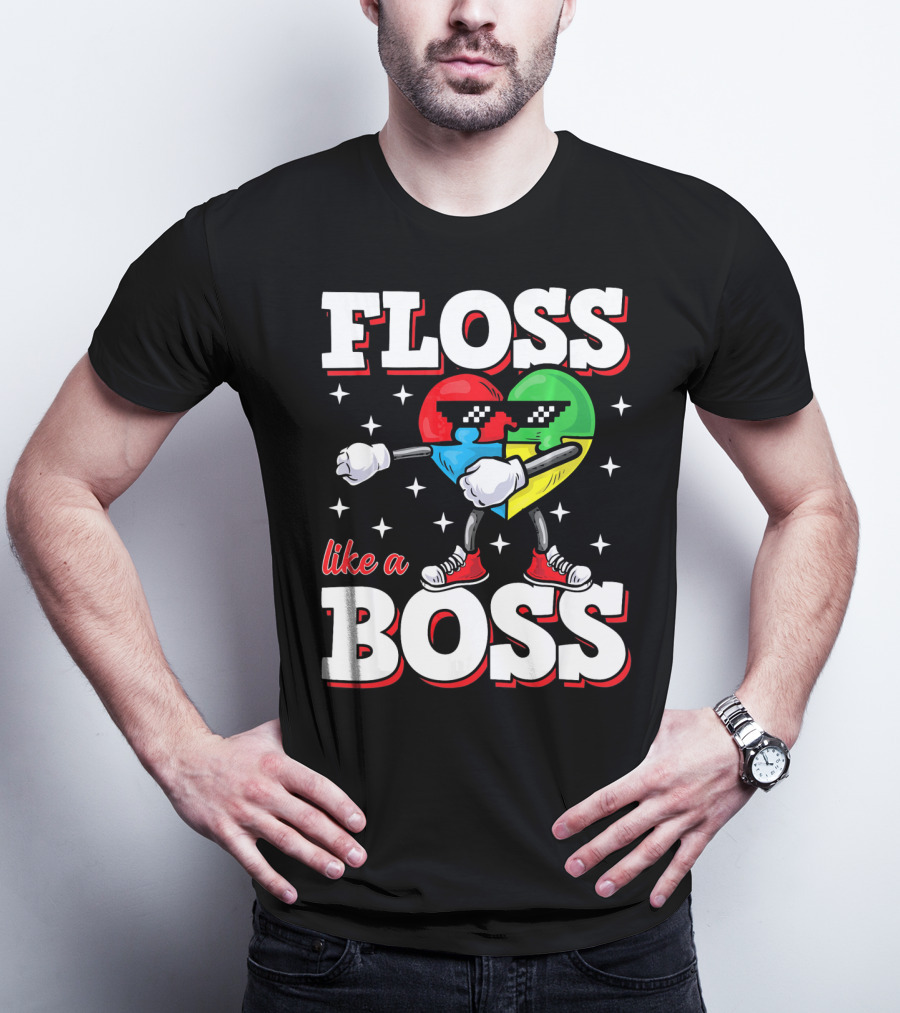 Floss Like A Boss Autism Awareness Heart With Cool Sunglasses T-Shirt