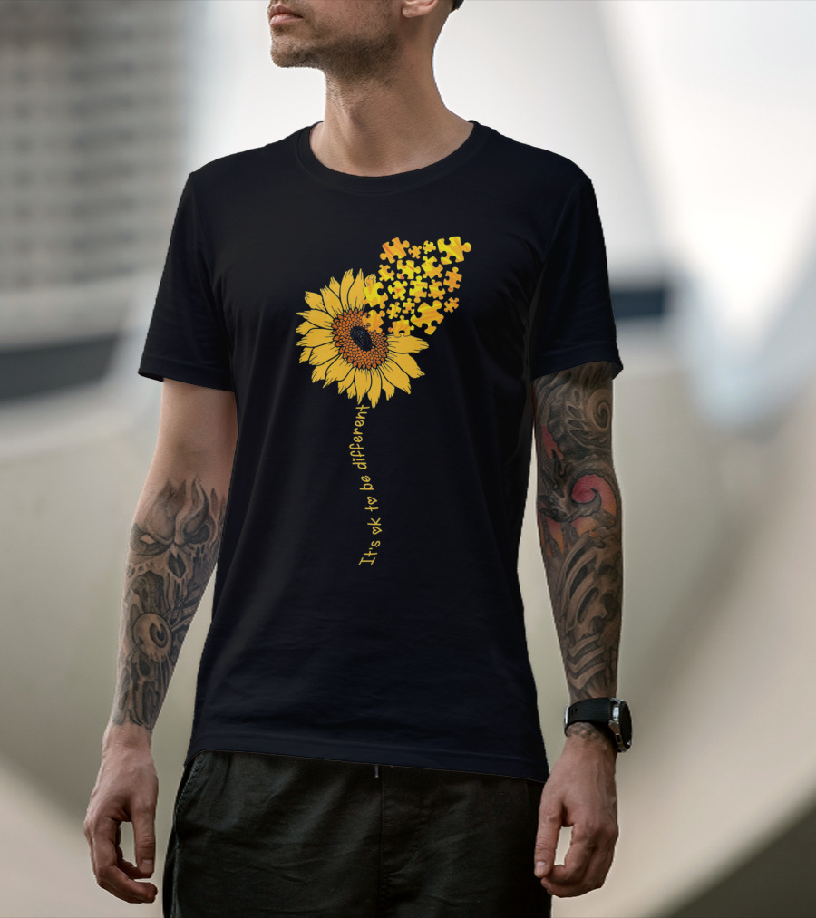 Love Sunflower Puzzle It's OK To Be Different Autism Awareness T-Shirt