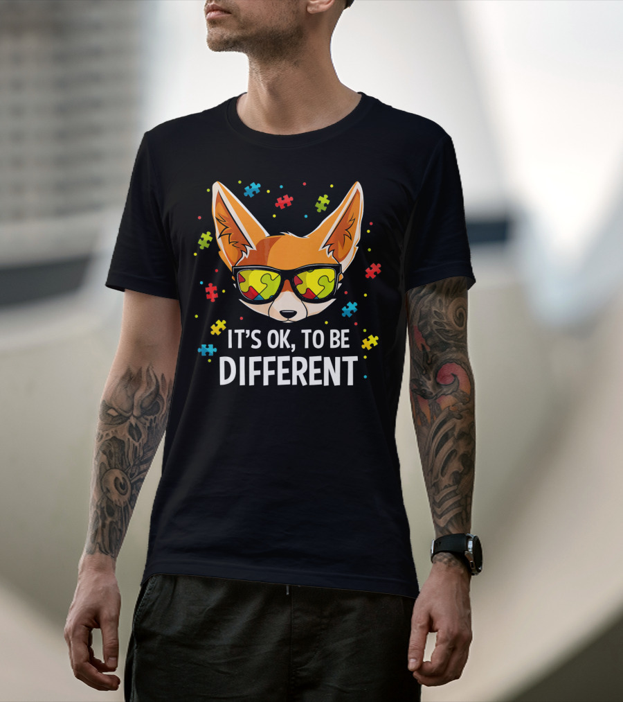 It's OK To Be Different Autism Awareness Puzzle Piece Fox T-Shirt