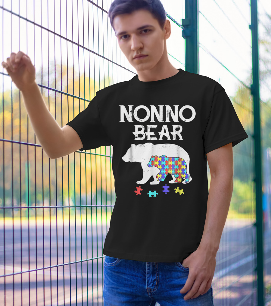 Nonno Bear Puzzle Piece Autism Awareness Mens T-Shirt