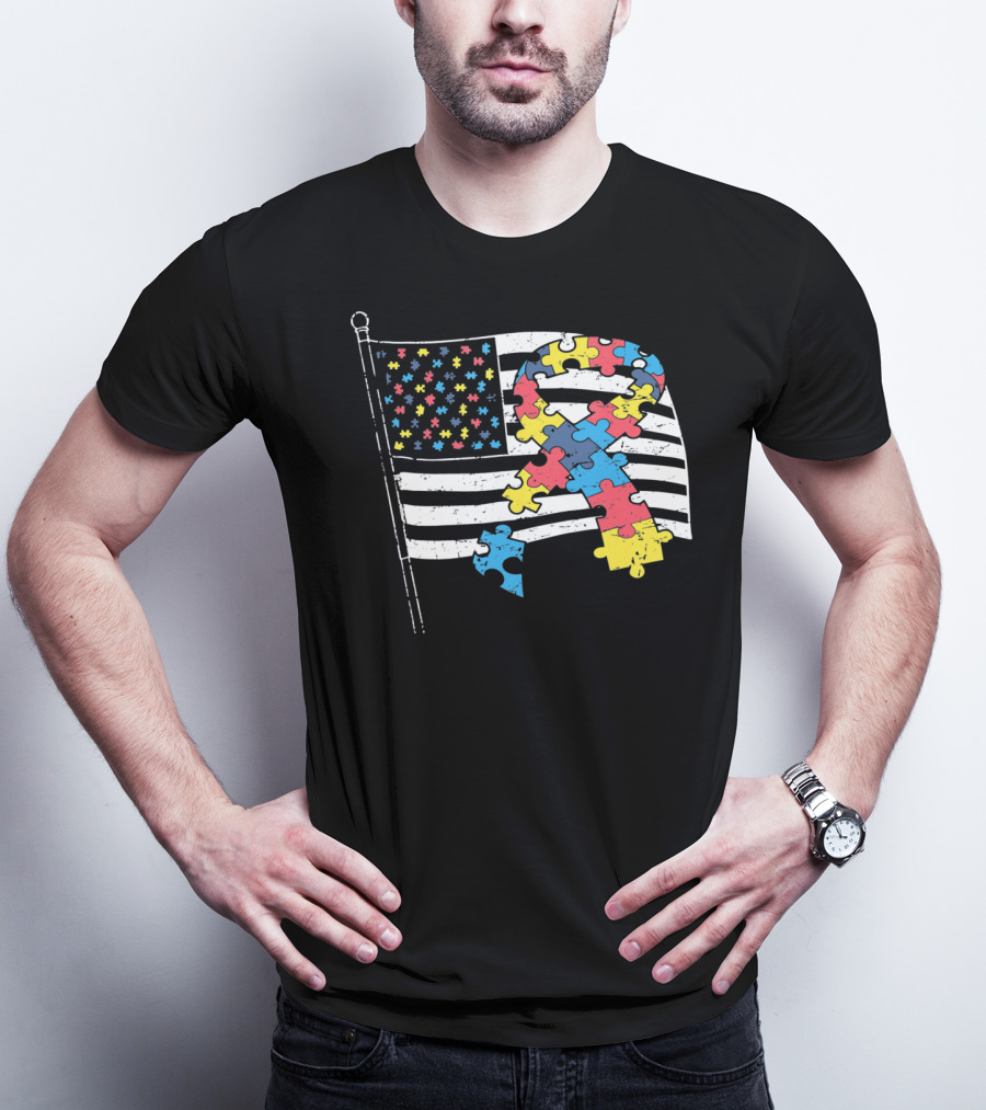 American Distressed Flag Puzzle Ribbon Autism Awareness T-Shirt