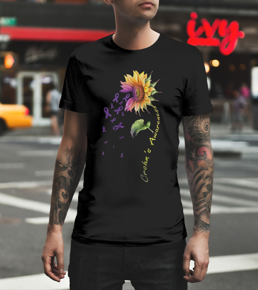 Crohn's Awareness Sunflower With Purple Ribbons T-Shirt