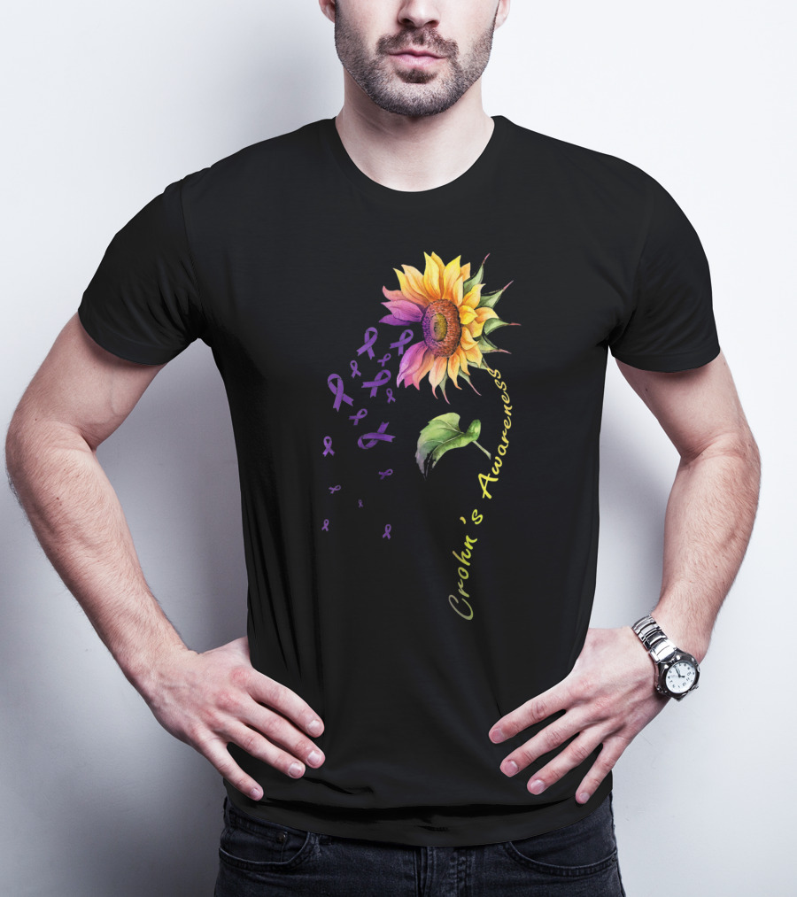 Crohn's Awareness Sunflower With Purple Ribbons T-Shirt