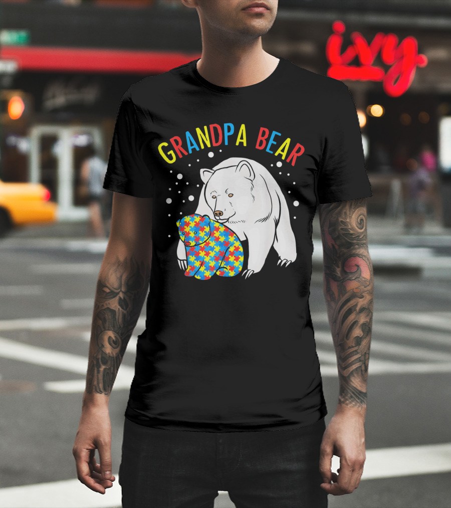 Grandpa Bear Mens Autism Awareness Puzzle Bear T-Shirt