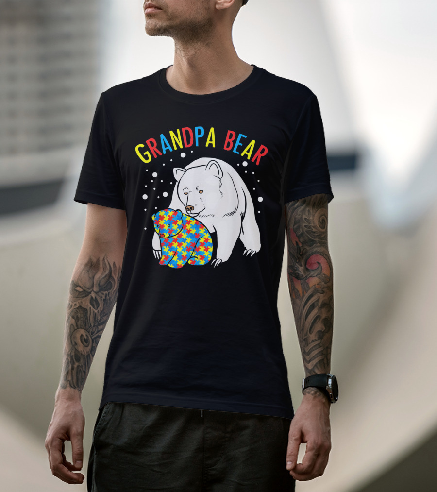Grandpa Bear Mens Autism Awareness Puzzle Bear T-Shirt
