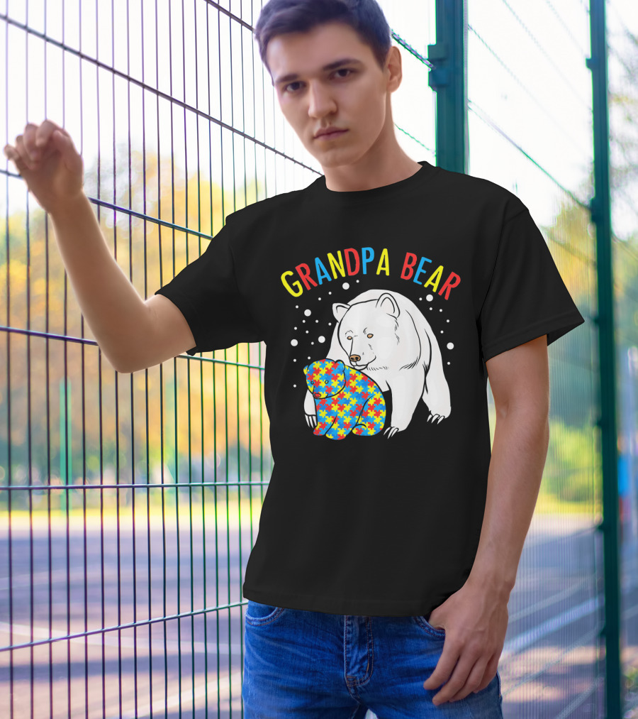 Grandpa Bear Mens Autism Awareness Puzzle Bear T-Shirt