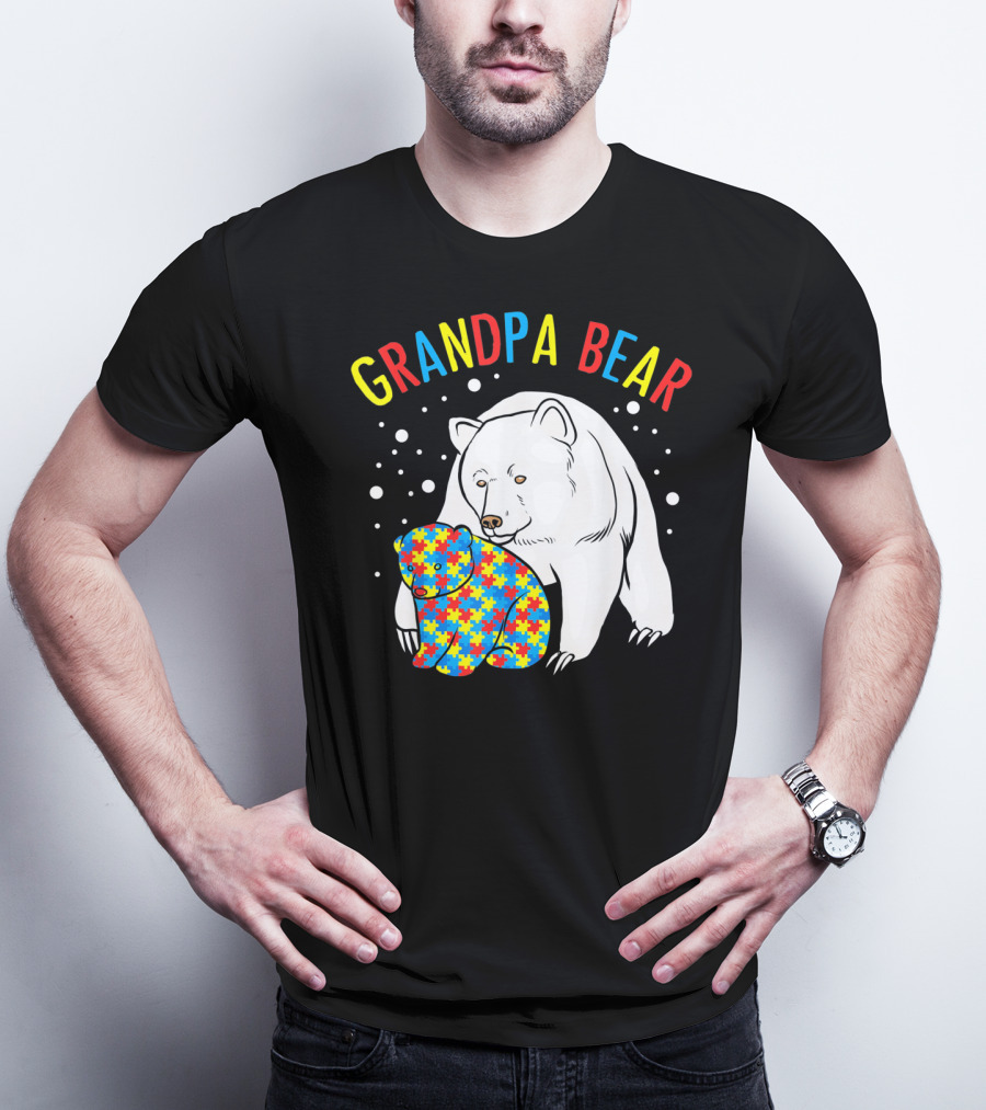 Grandpa Bear Mens Autism Awareness Puzzle Bear T-Shirt