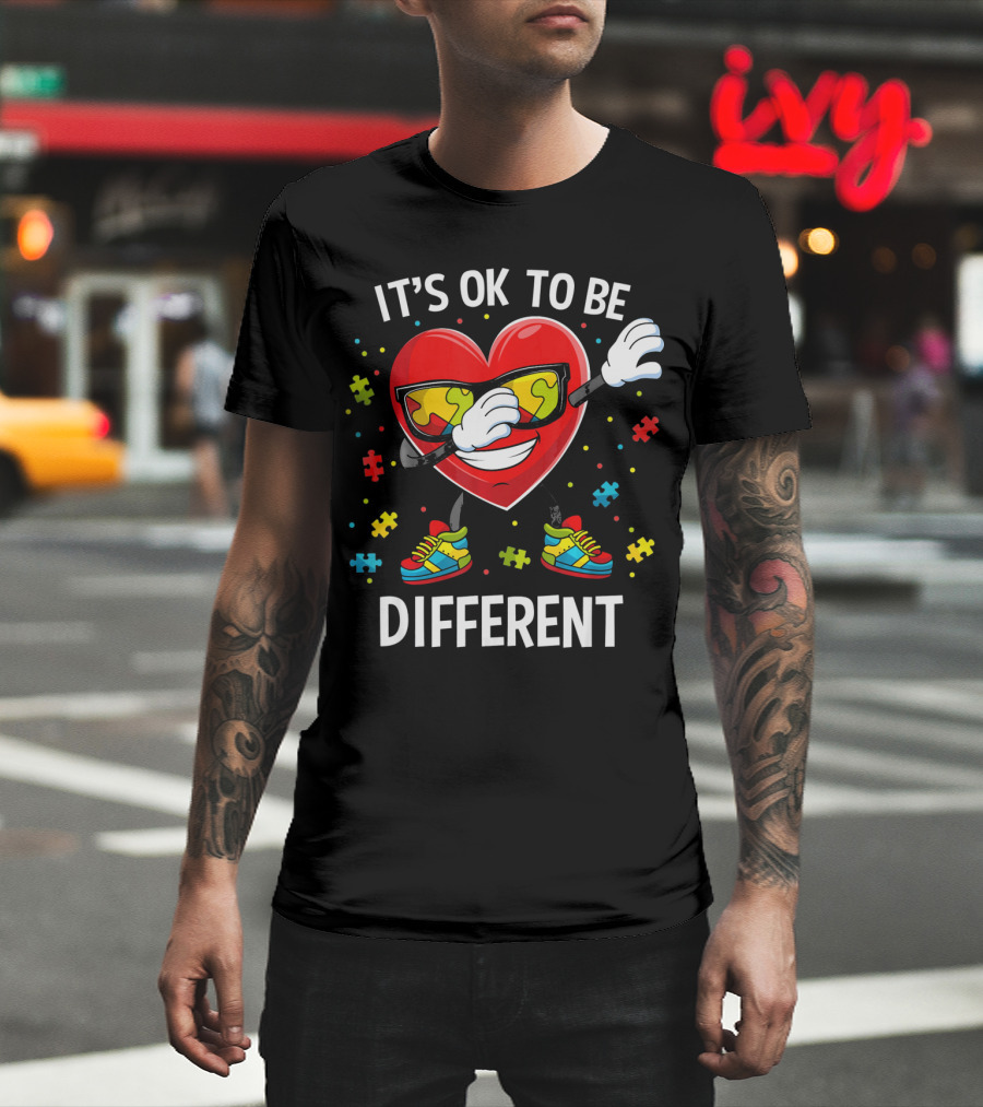It's OK To Be Different Dabbing Heart Puzzle Pieces Auti T-Shirt