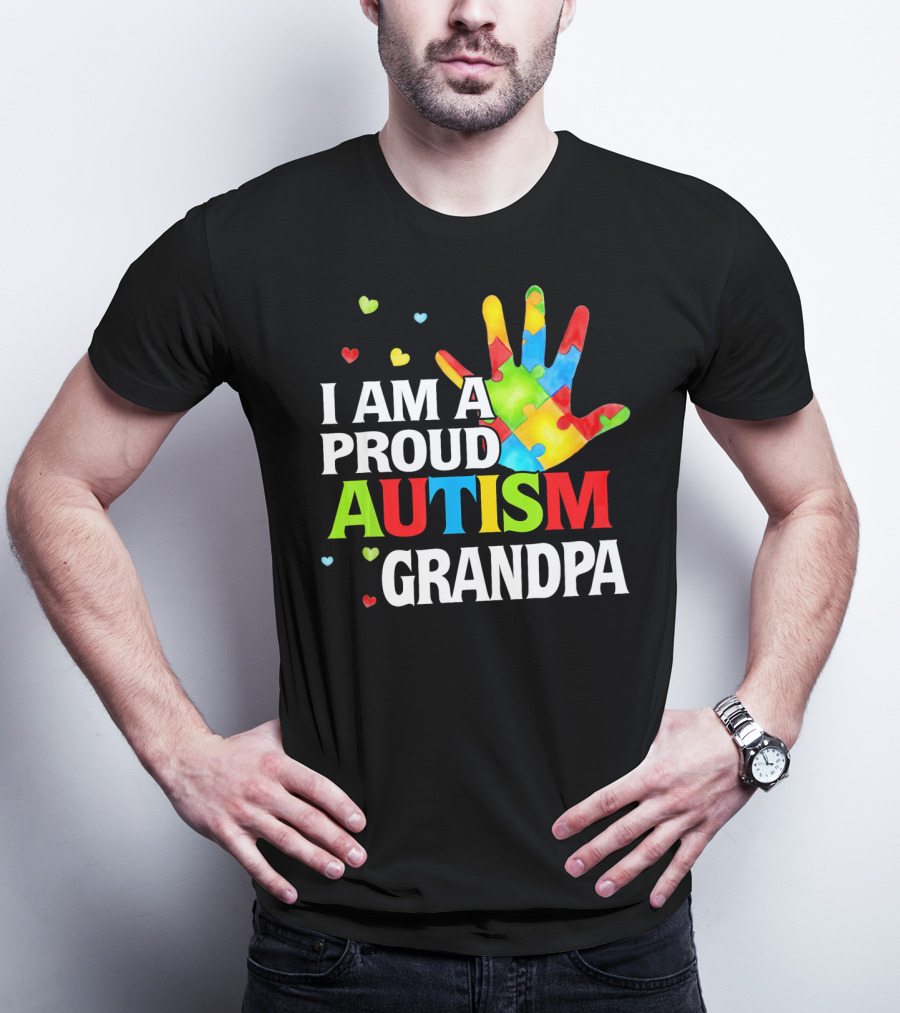 I Am A Proud Autism Grandpa Colorful Puzzle Hand Heart Accents T-Shirt