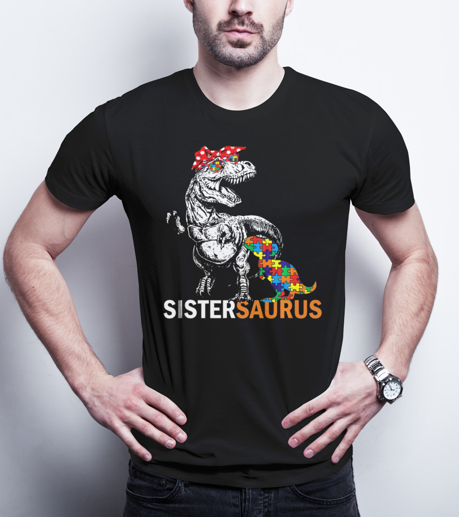 Sister Saurus Autism Awareness Dinosaur Puzzle Print T-Shirt