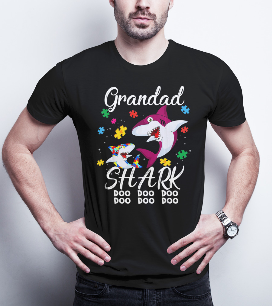 Grandad Shark Doo Doo Doo Doo Autism Awareness Puzzle Pieces T-Shirt