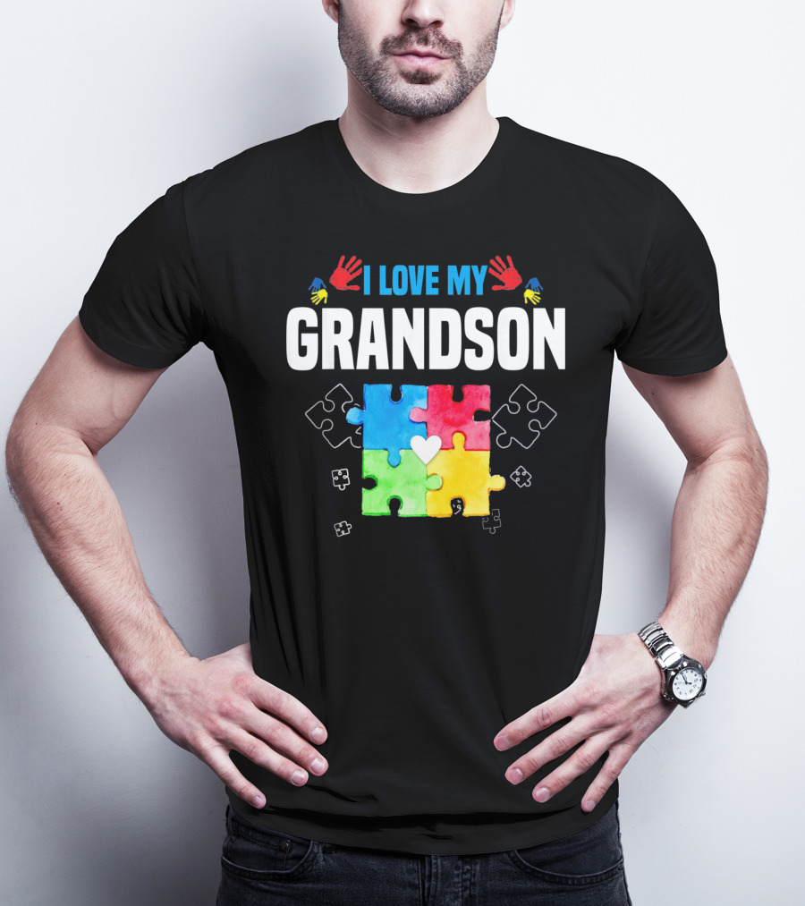 I Love My Grandson Autism Awareness Puzzle Pieces And Colorful Handprints T-Shirt