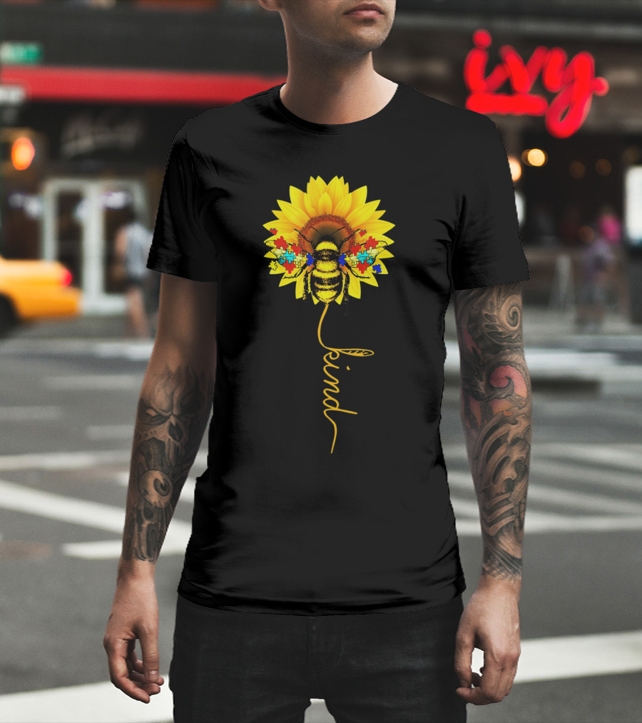 Bee Kind Autism Awareness Sunflower Puzzle T-Shirt