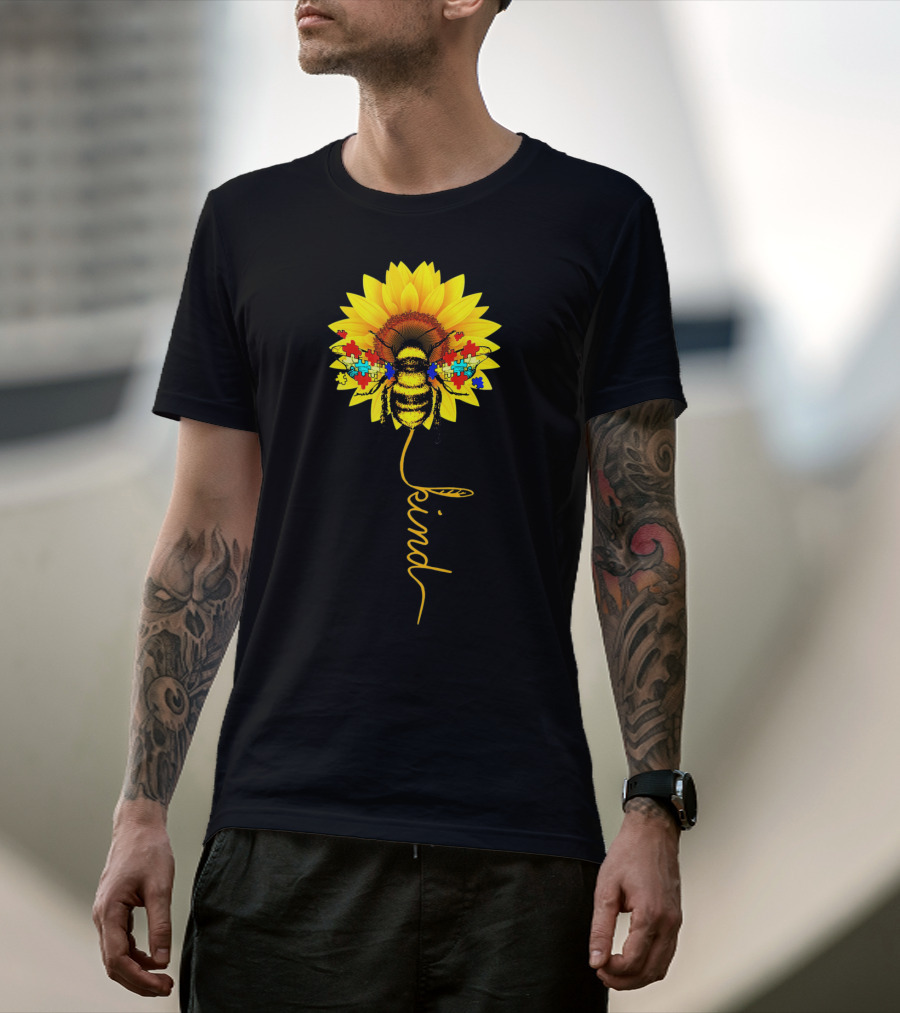 Bee Kind Autism Awareness Sunflower Puzzle T-Shirt