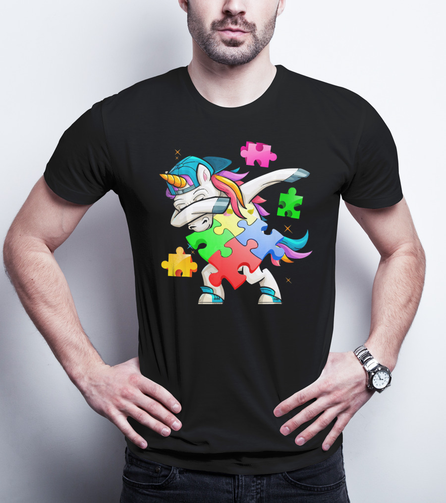 Autism Awareness Dabbing Unicorn Rainbow Puzzle Pieces T-Shirt