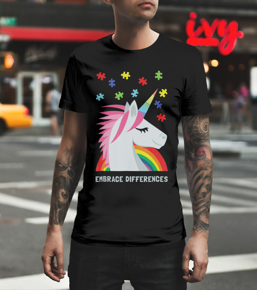 Embrace Differences Unicorn Rainbow Autism Awareness T-Shirt
