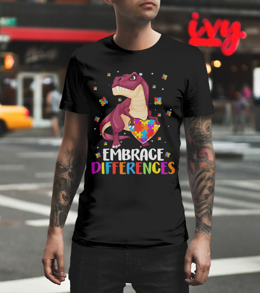 Embrace Differences Dinosaur Puzzle Pieces Autism Awareness T-Shirt