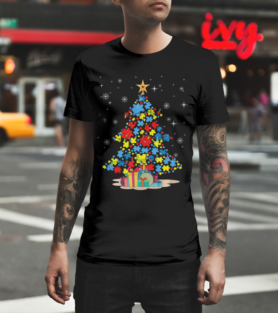 Puzzle Pieces Christmas Tree Autism Awareness Holiday T-Shirt
