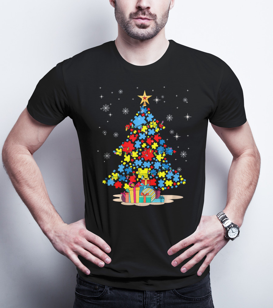 Puzzle Pieces Christmas Tree Autism Awareness Holiday T-Shirt