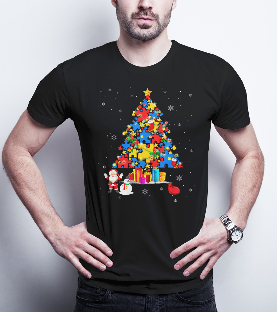 Christmas Trees Autism Awareness Santa Puzzle Snowflakes T-Shirt