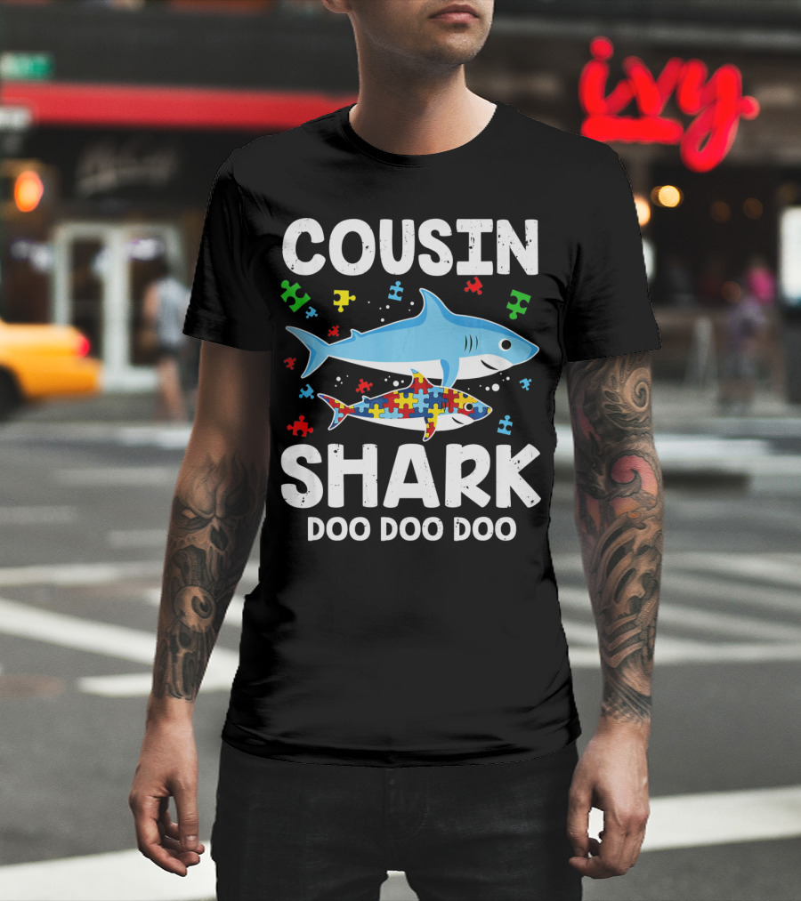 Cousin Shark Doo Doo Doo Autism Awareness Puzzle Pieces T-Shirt