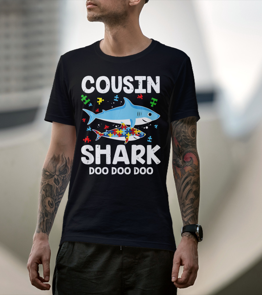 Cousin Shark Doo Doo Doo Autism Awareness Puzzle Pieces T-Shirt