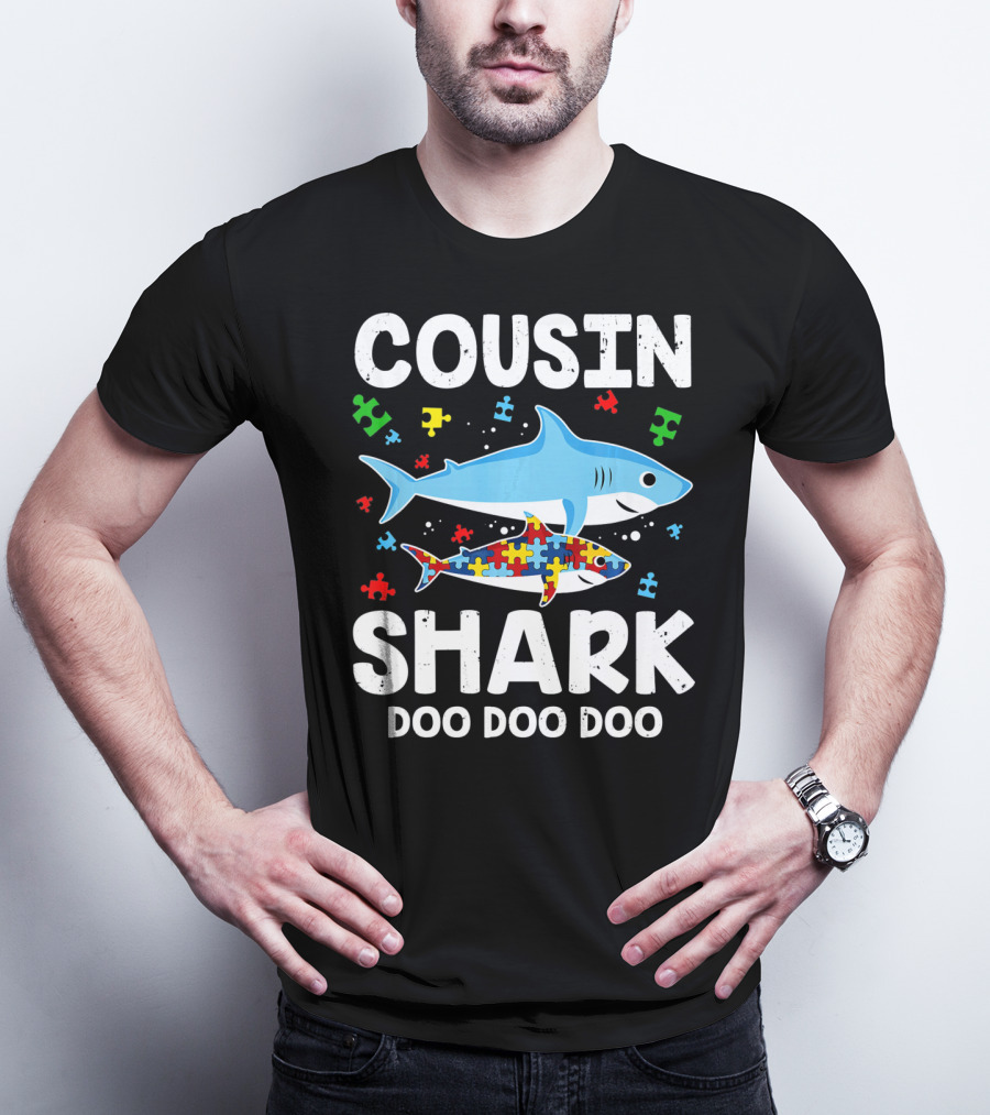 Cousin Shark Doo Doo Doo Autism Awareness Puzzle Pieces T-Shirt