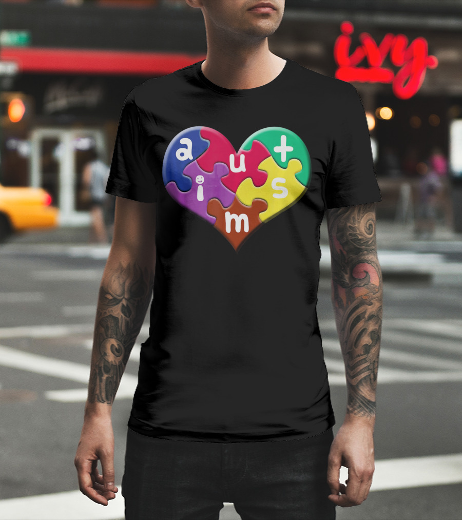 Autism Awareness Heart Puzzle Pieces Love Smile Colorful T-Shirt
