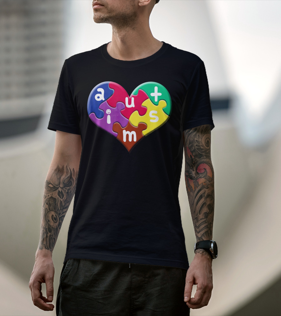 Autism Awareness Heart Puzzle Pieces Love Smile Colorful T-Shirt