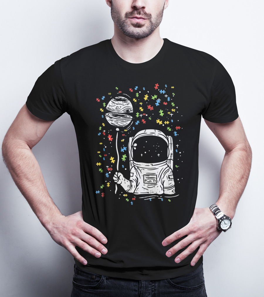 Astronaut Holding Planet Balloon With Puzzle Pieces For Autism Awareness T-Shirt