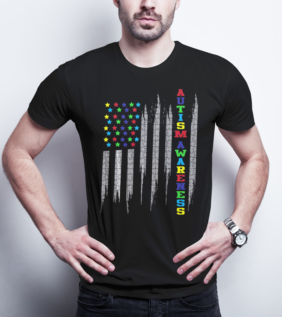 Autism Awareness Day USA Flag Puzzle Stars T-Shirt