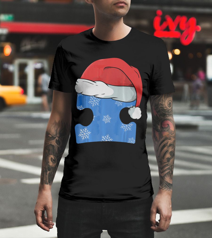Autism Awareness Puzzle Piece Blue Snowflake Santa Hat T-Shirt