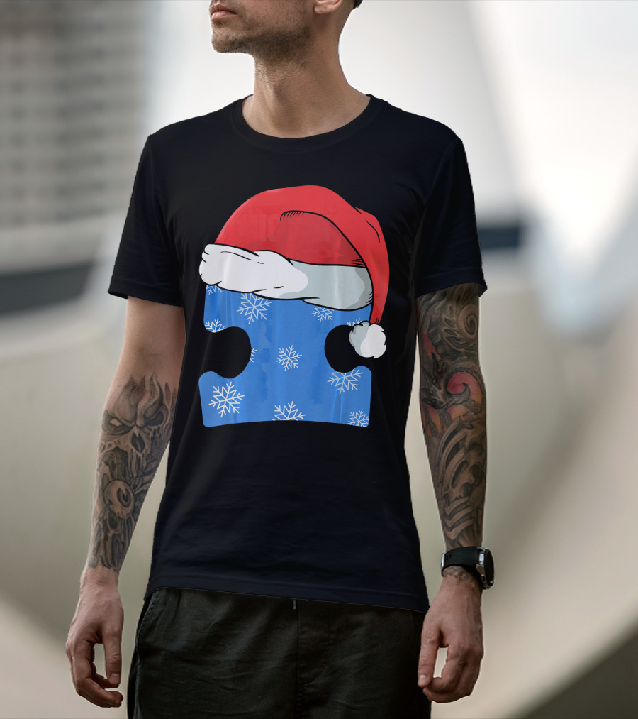 Autism Awareness Puzzle Piece Blue Snowflake Santa Hat T-Shirt