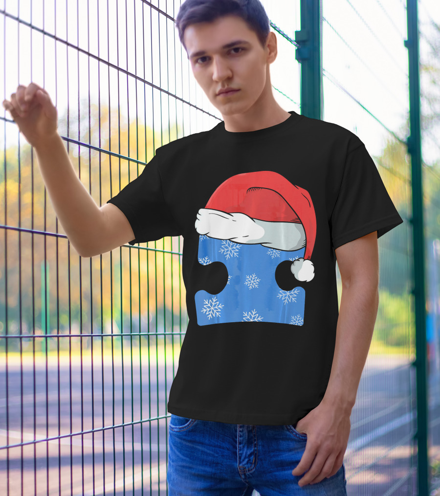 Autism Awareness Puzzle Piece Blue Snowflake Santa Hat T-Shirt