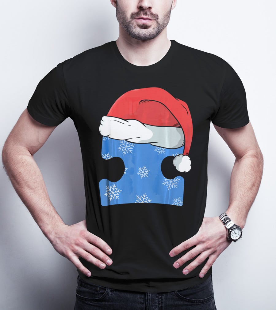 Autism Awareness Puzzle Piece Blue Snowflake Santa Hat T-Shirt