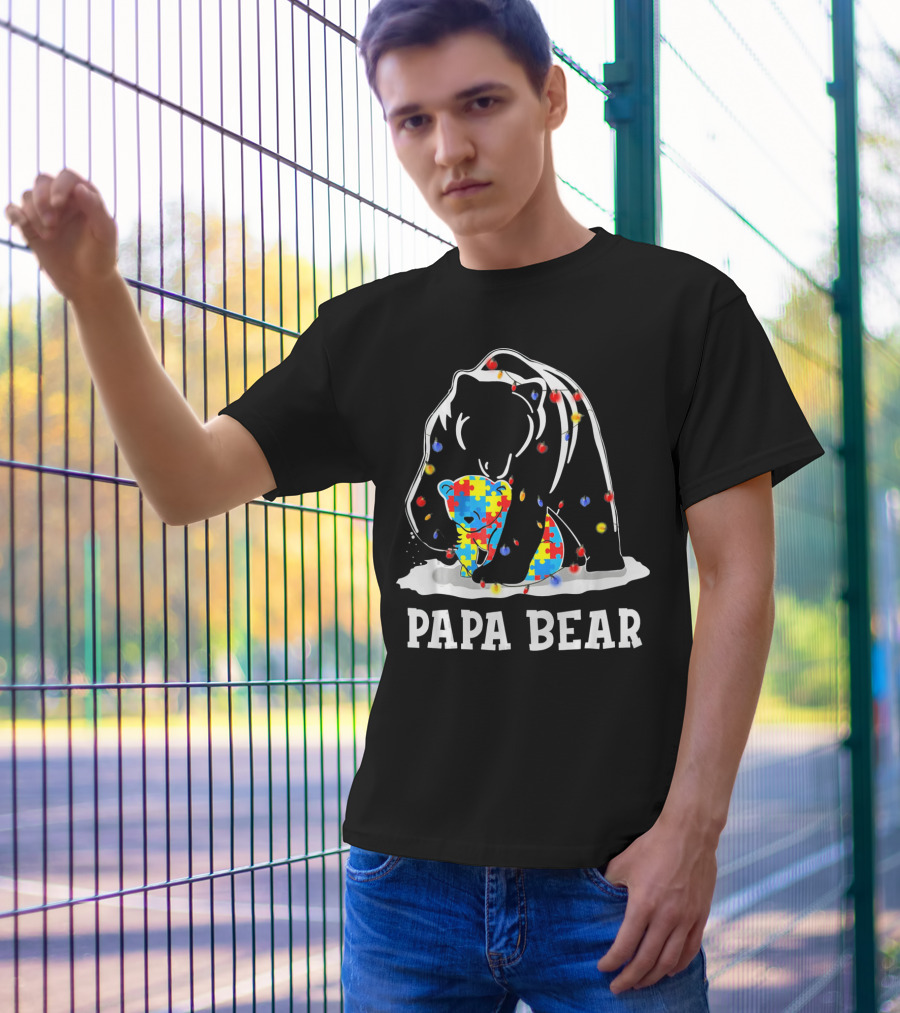 Papa Bear Puzzle Piece Autism Awareness Lights T-Shirt
