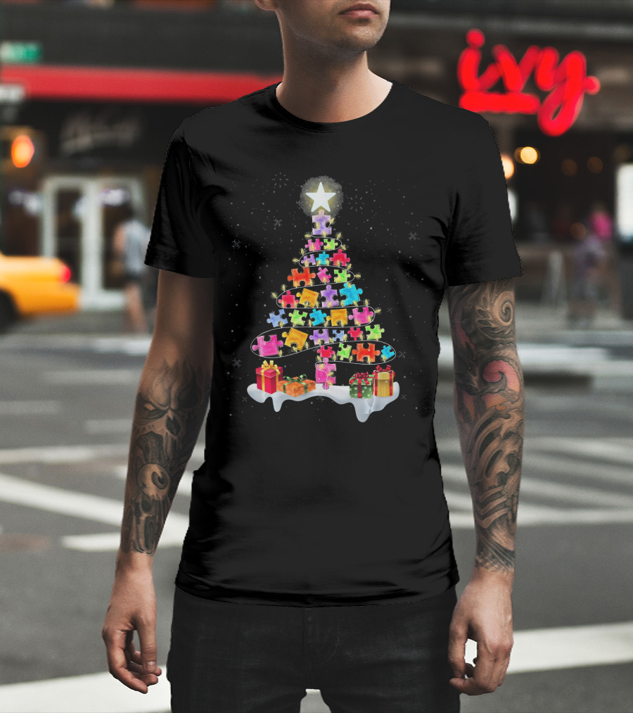 Autism Awareness Christmas Puzzle Piece Tree With Star And Gifts T-Shirt