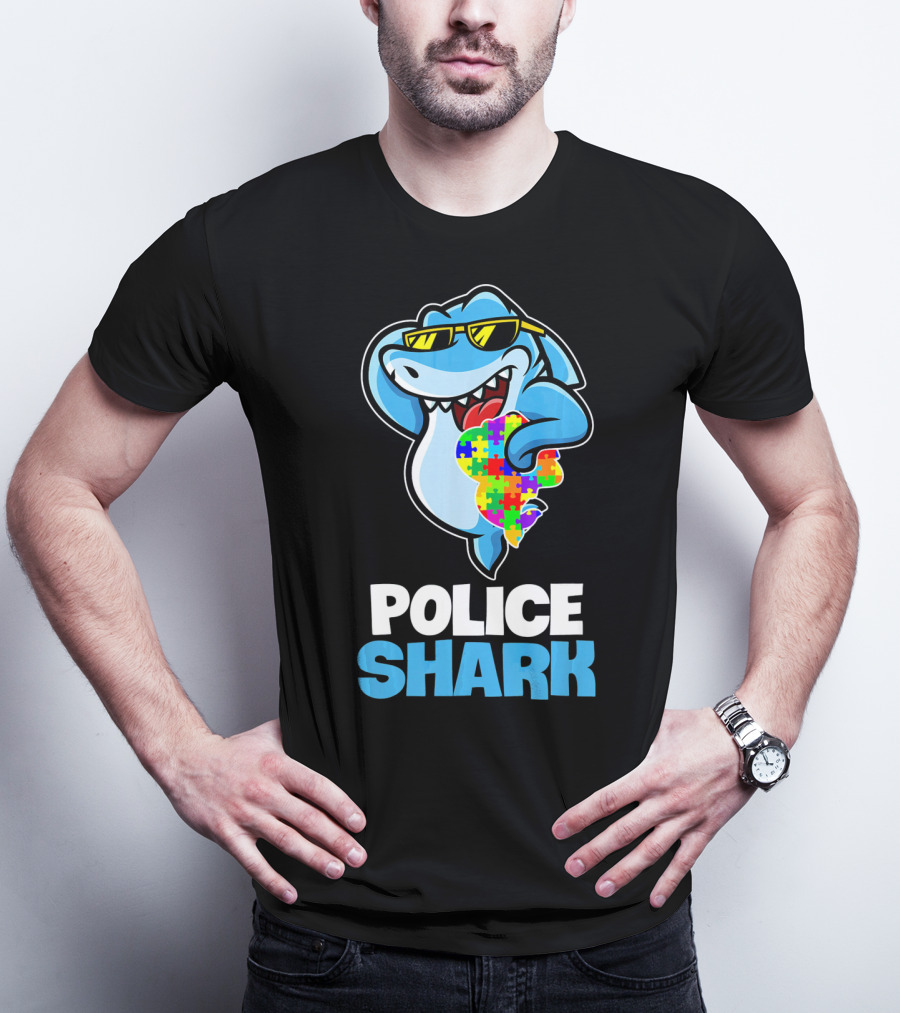 Police Shark Holding Autism Awareness Puzzle Heart T-Shirt