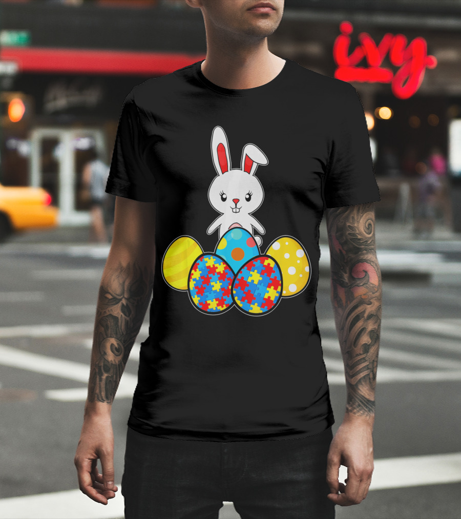 Easter Bunny With Autism Awareness Puzzle Pattern Eggs T-Shirt