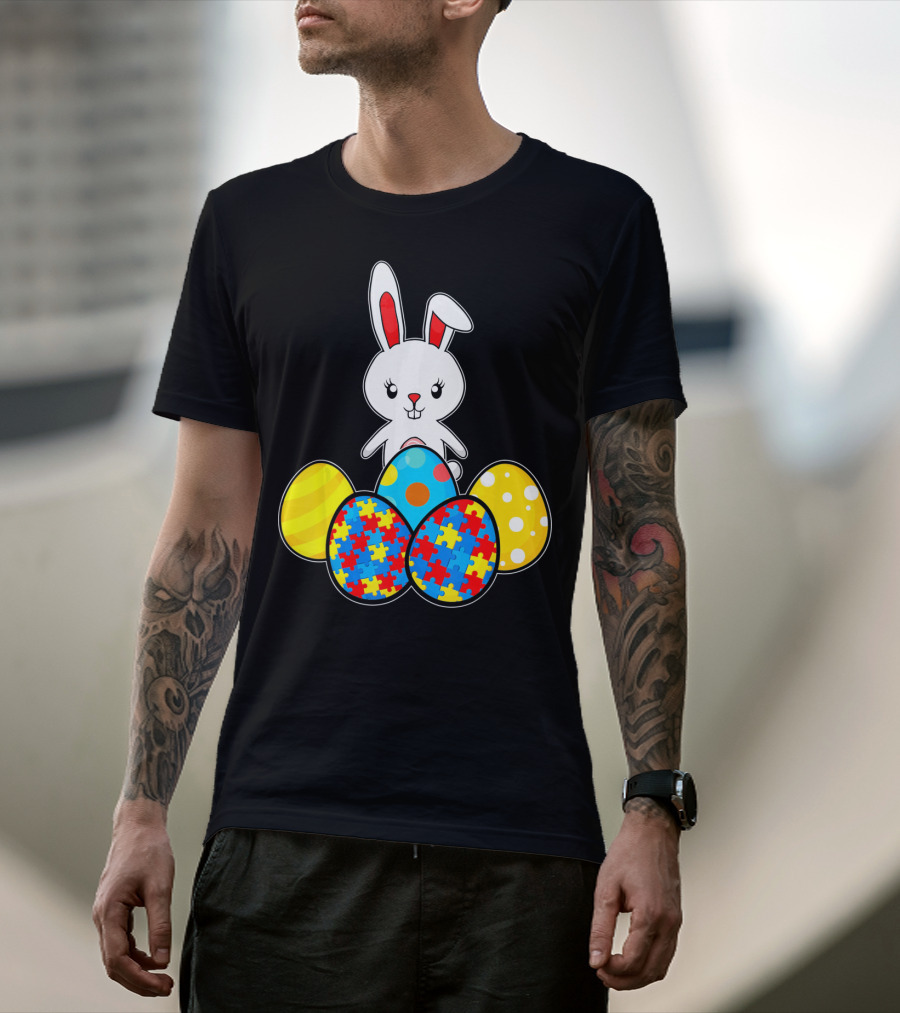 Easter Bunny With Autism Awareness Puzzle Pattern Eggs T-Shirt