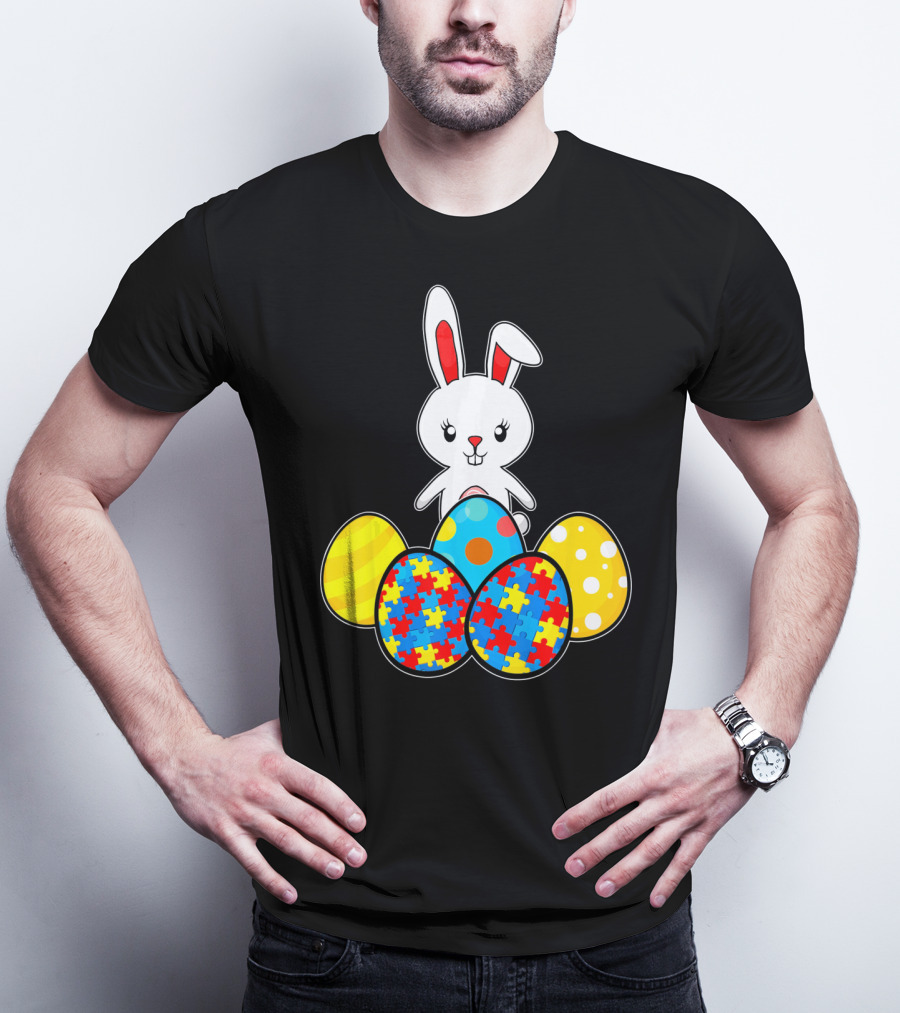 Easter Bunny With Autism Awareness Puzzle Pattern Eggs T-Shirt