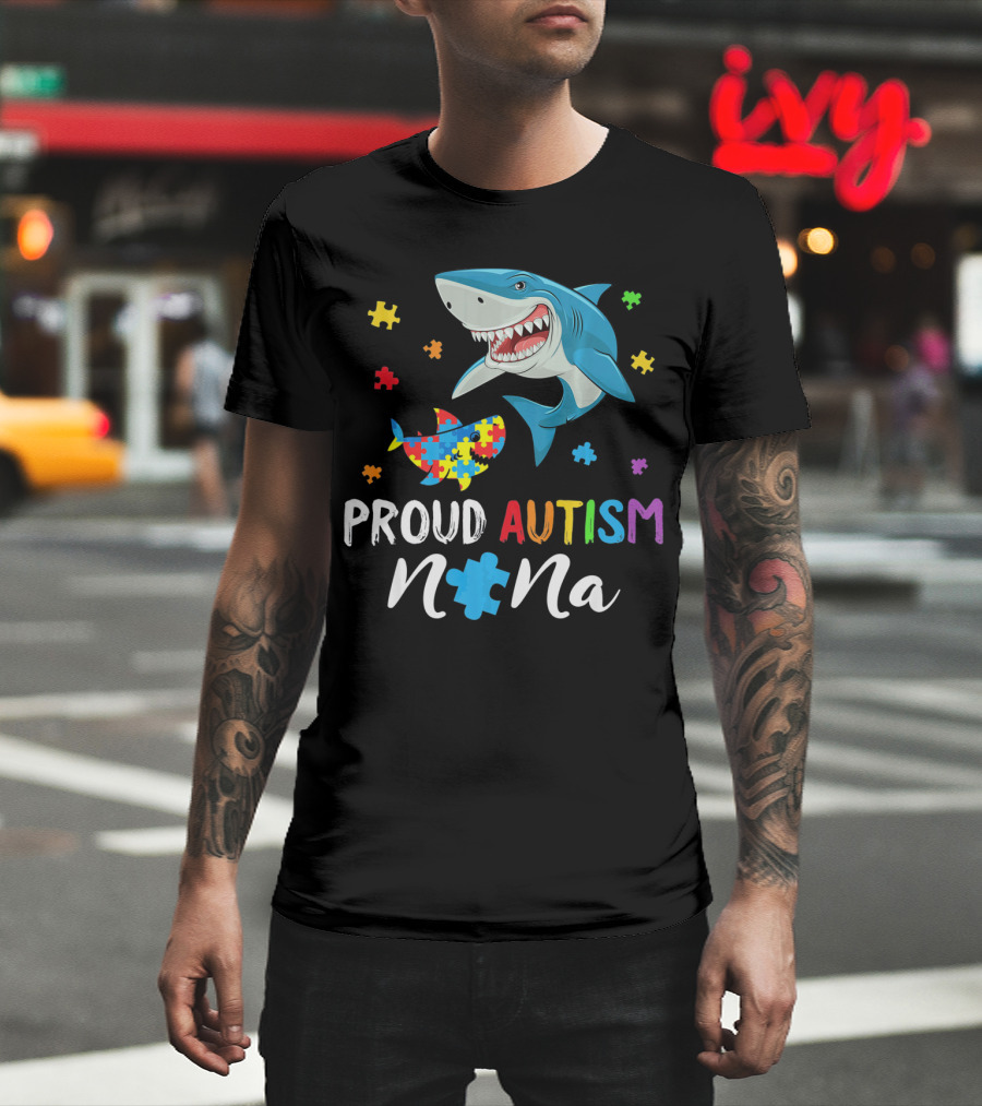Proud Autism Nana Shark With Colorful Puzzle Pieces T-Shirt