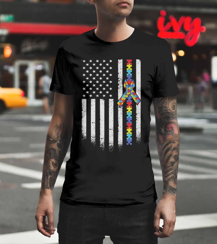 Autism Awareness American Flag With Puzzle Piece T-Shirt