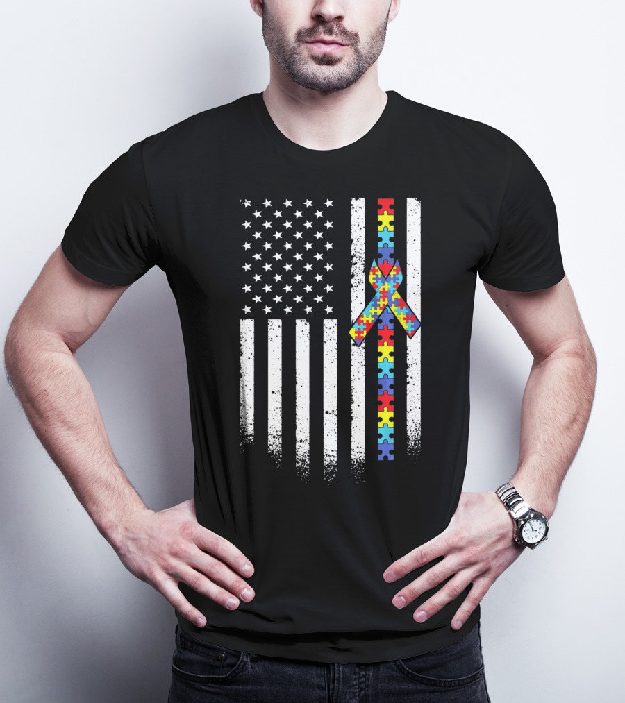 Autism Awareness American Flag With Puzzle Piece T-Shirt