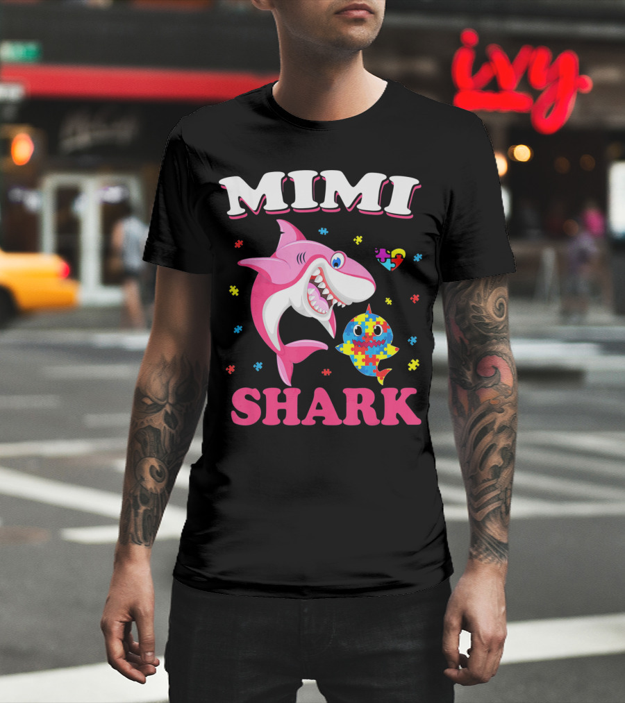Mimi Shark Autism Awareness Puzzle Heart Colorful Sharks T-Shirt
